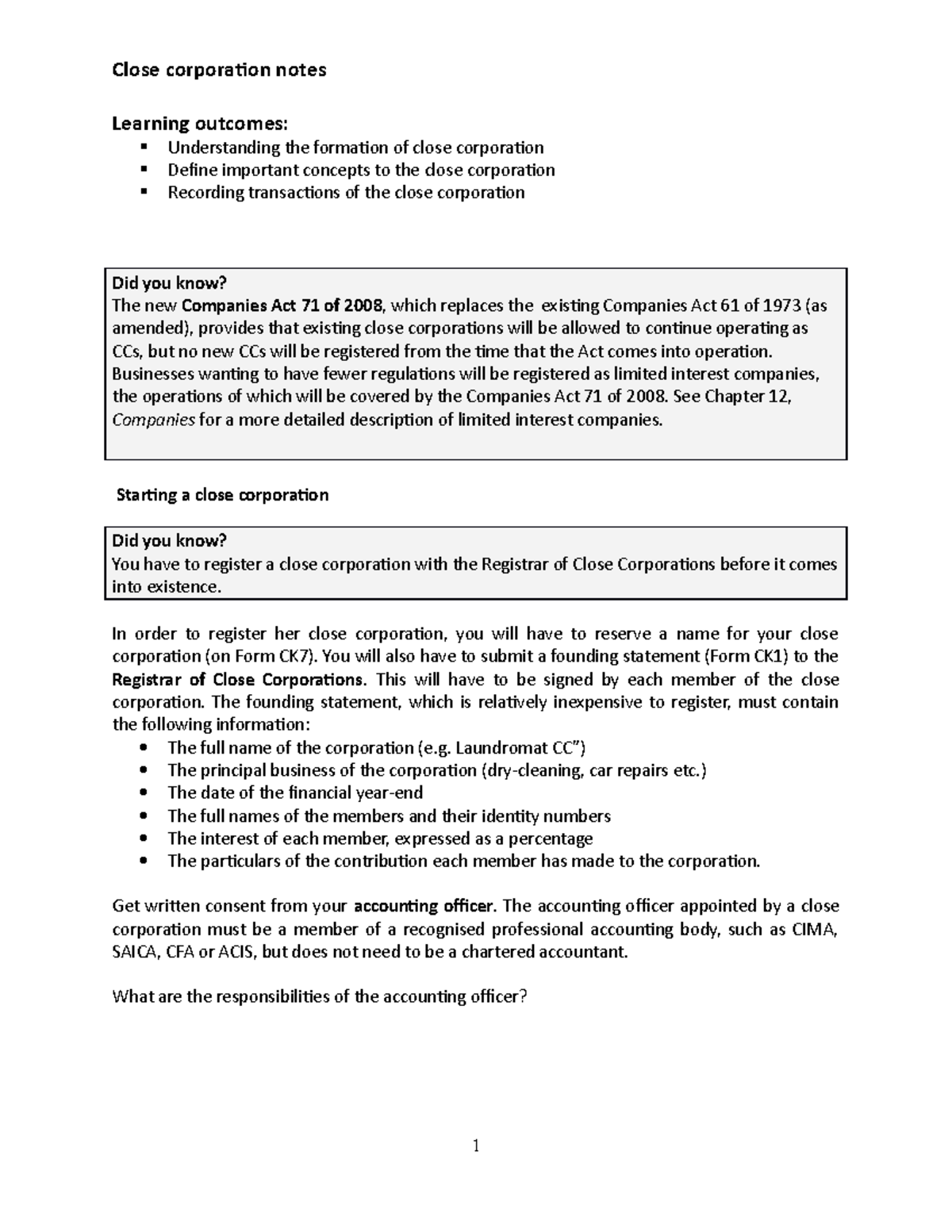 Close Corporation Formation and Operations Notes (CC 101) - Studocu