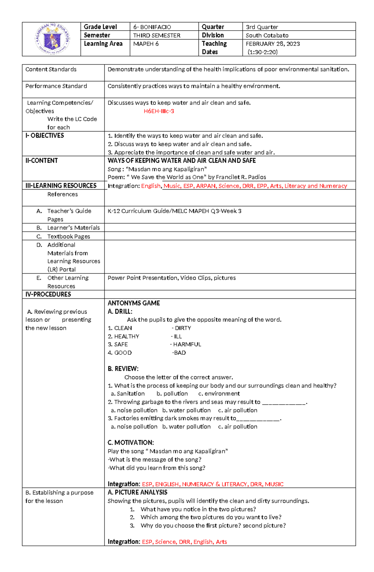 COT- Health 6 Q3 Lesson Plan on Environmental Sanitation - Studocu