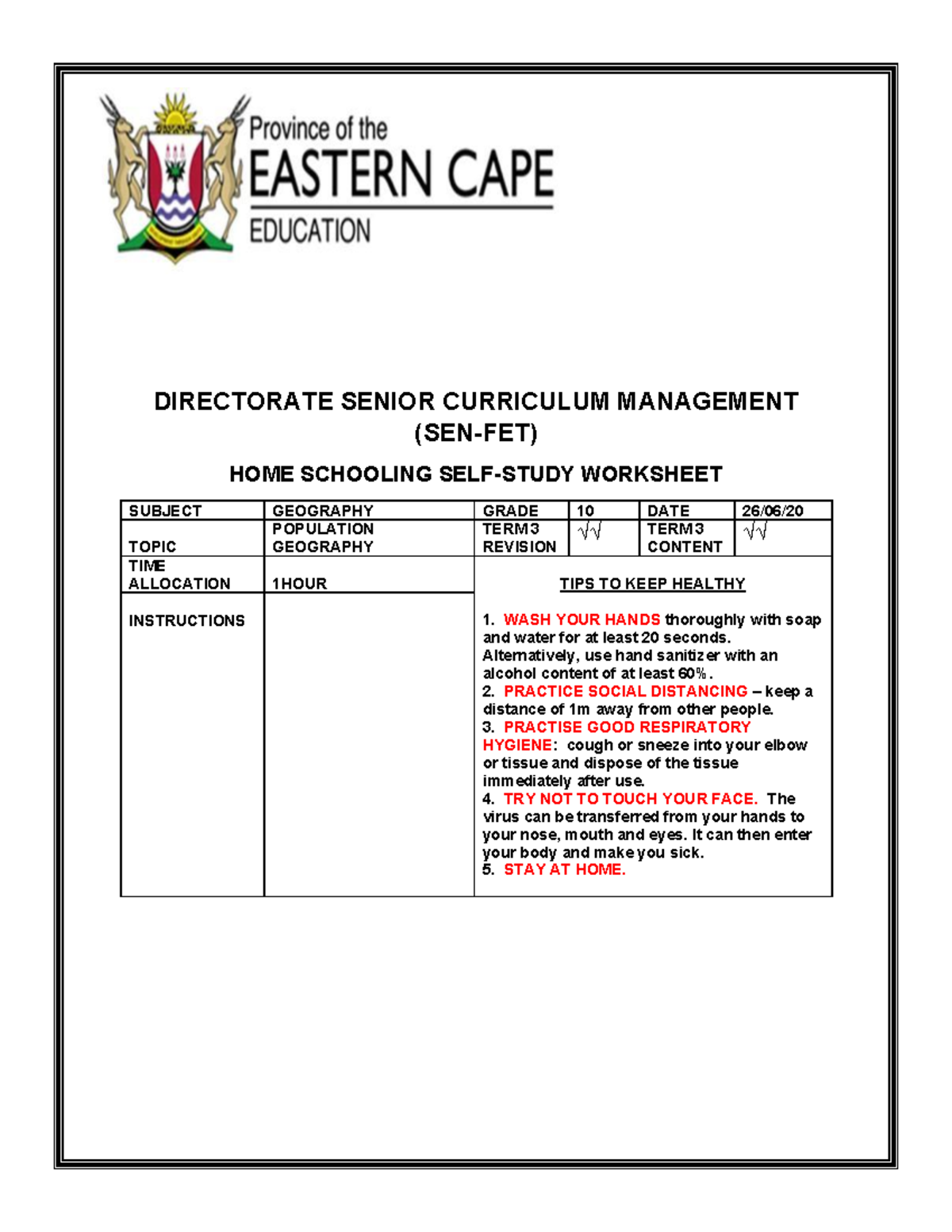 Geography Grade 10 Term 3 Revision Worksheet: Population Geography ...