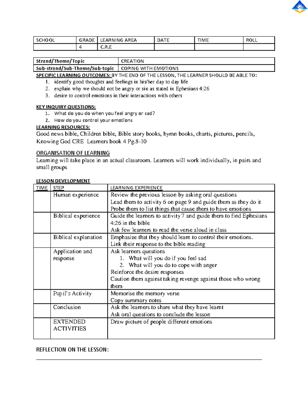 CRE Grade 4 Lesson Plans: Understanding Emotions, Choices, and Family ...