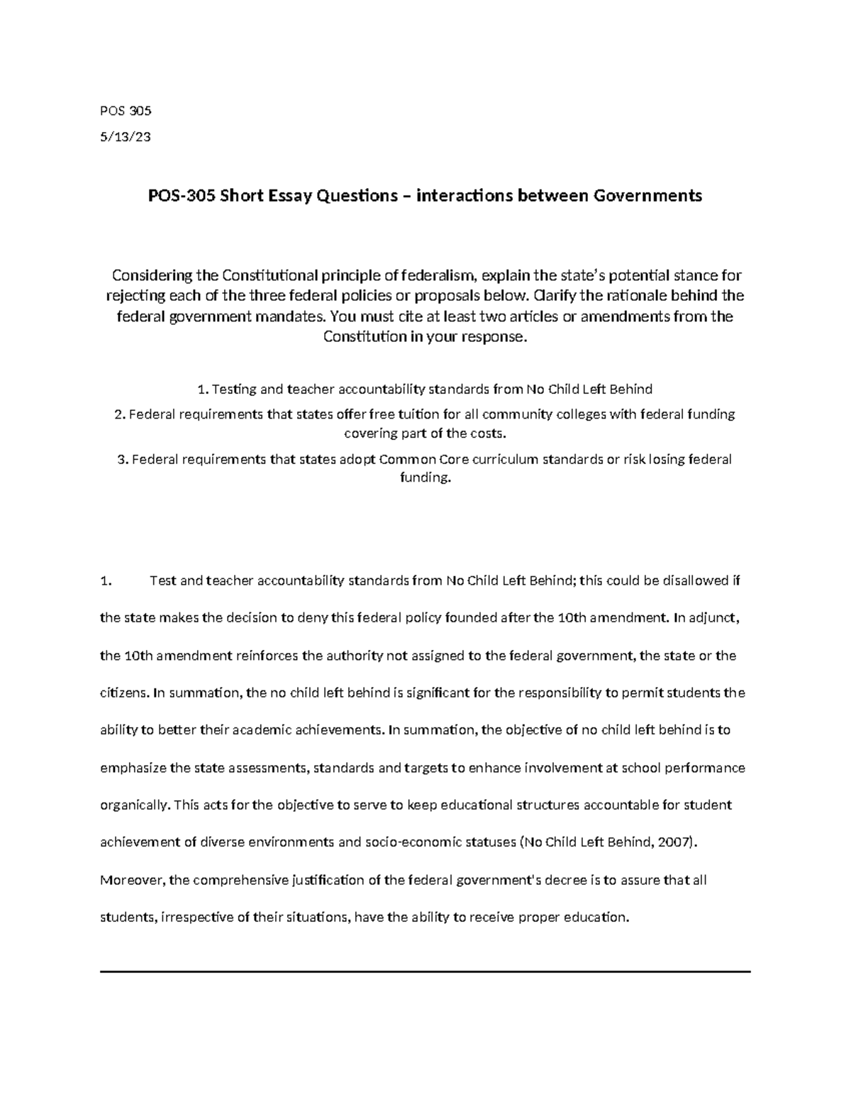 POS-305 Short Essay Questions: Federalism & Government Interactions ...