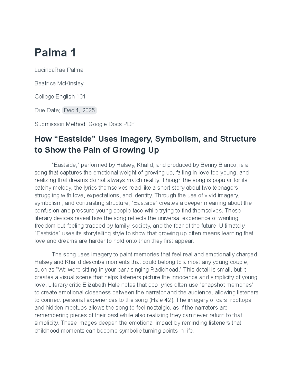 ENG 101 Literary Analysis Essay: Imagery & Symbolism in Halsey's Song ...