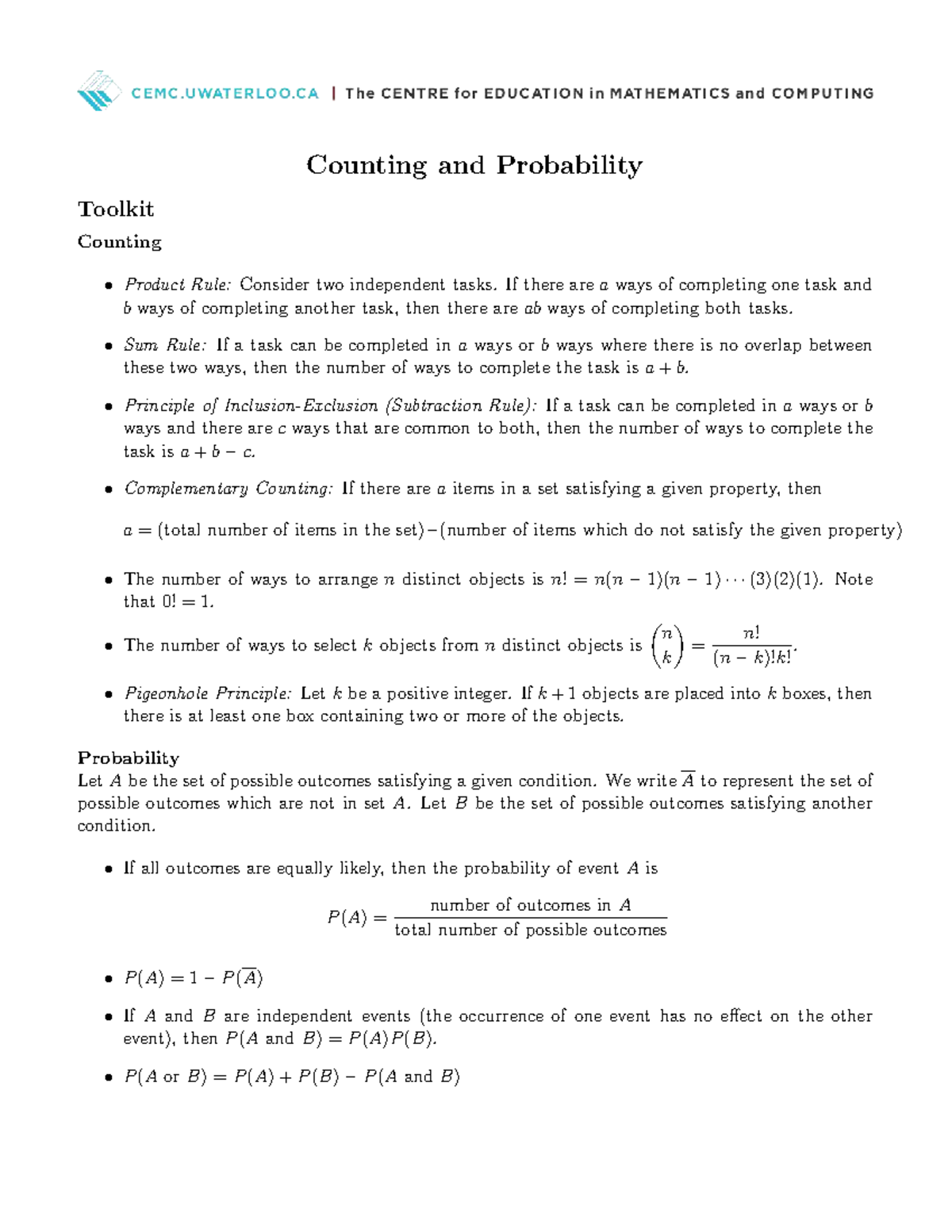 Counting and Probability Toolkit: Key Concepts and Problems (SDDS ...