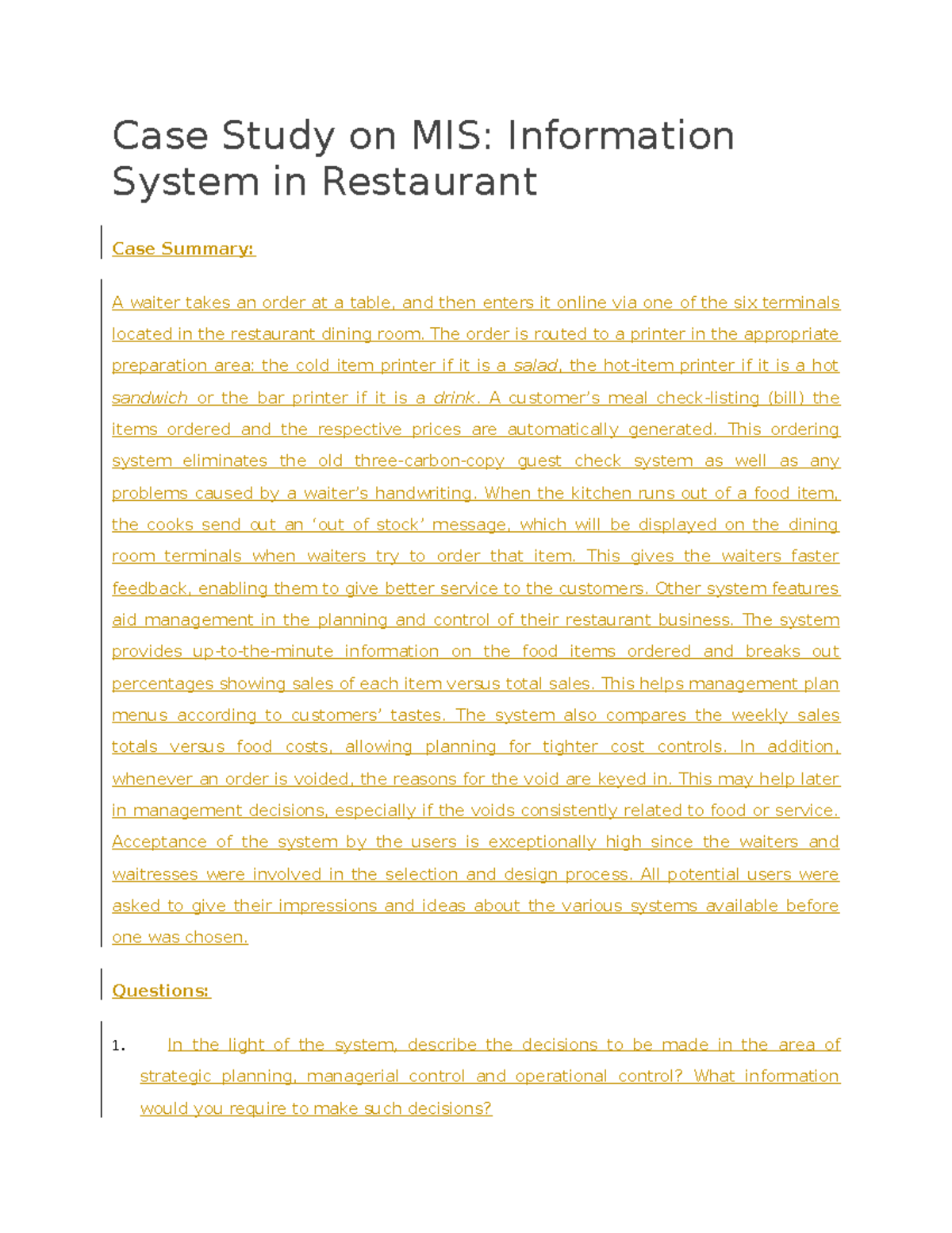MIS Unit 1 - Case Study on Information System in Restaurants - Studocu