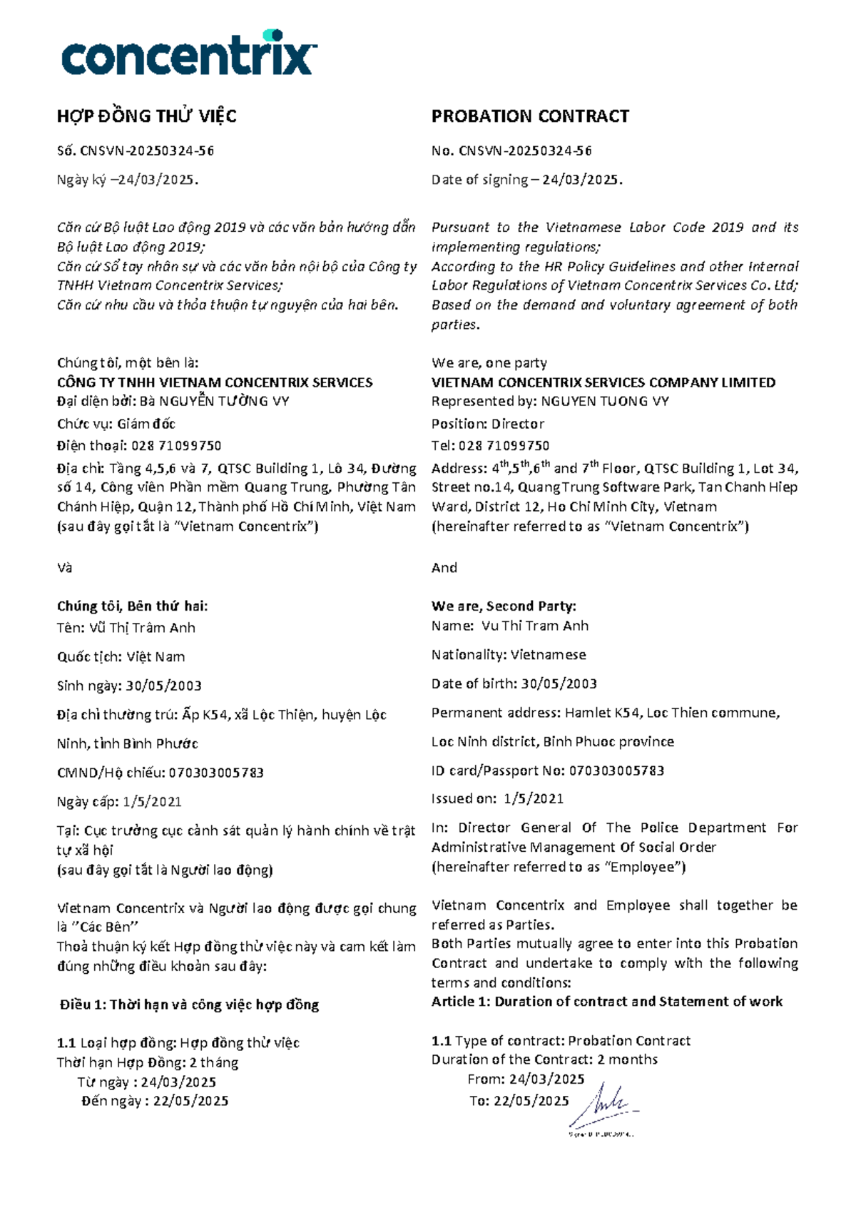 HỢP ĐỒNG THỬ VIỆC (PROBATION CONTRACT) CÔNG TY TNHH VIETNAM CONCENTRIX ...