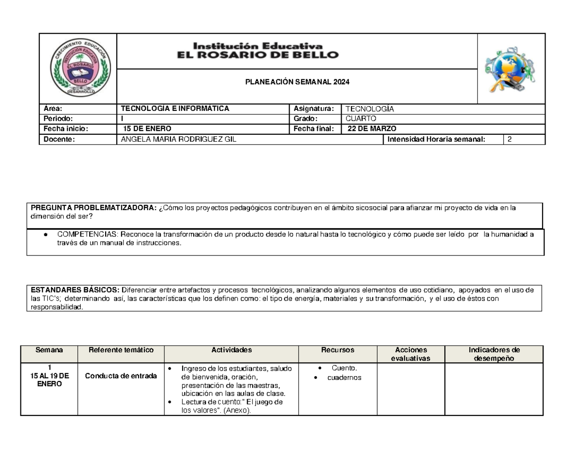 Planeación Semanal Tecnología e Informática I 4° 2024 - Studocu