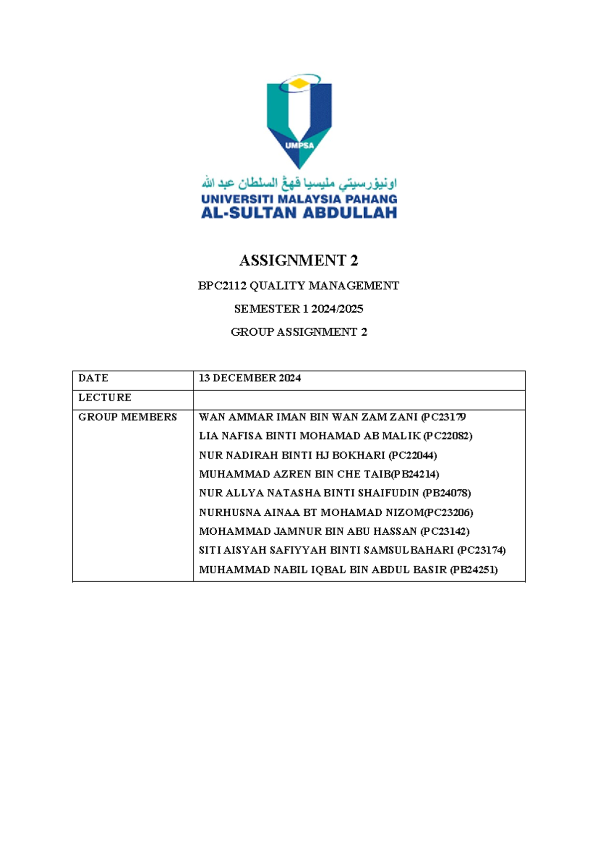 Assignment 2 Quality Management Group 5 - ASSIGNMENT 2 BPC2112 QUALITY ...