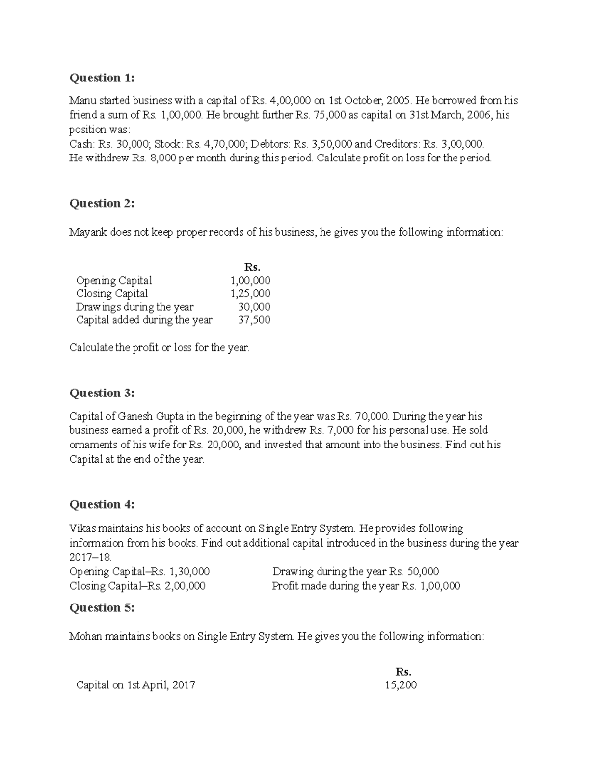 Single Entry System Practice Questions - Profit/Loss Calculations - Studocu