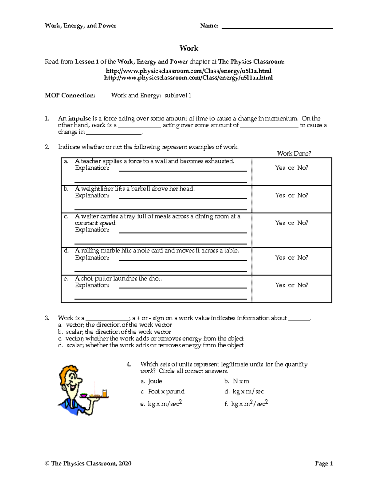 Energy Packet - Work, Energy, and Power Name: Work Read from Lesson 1 ...