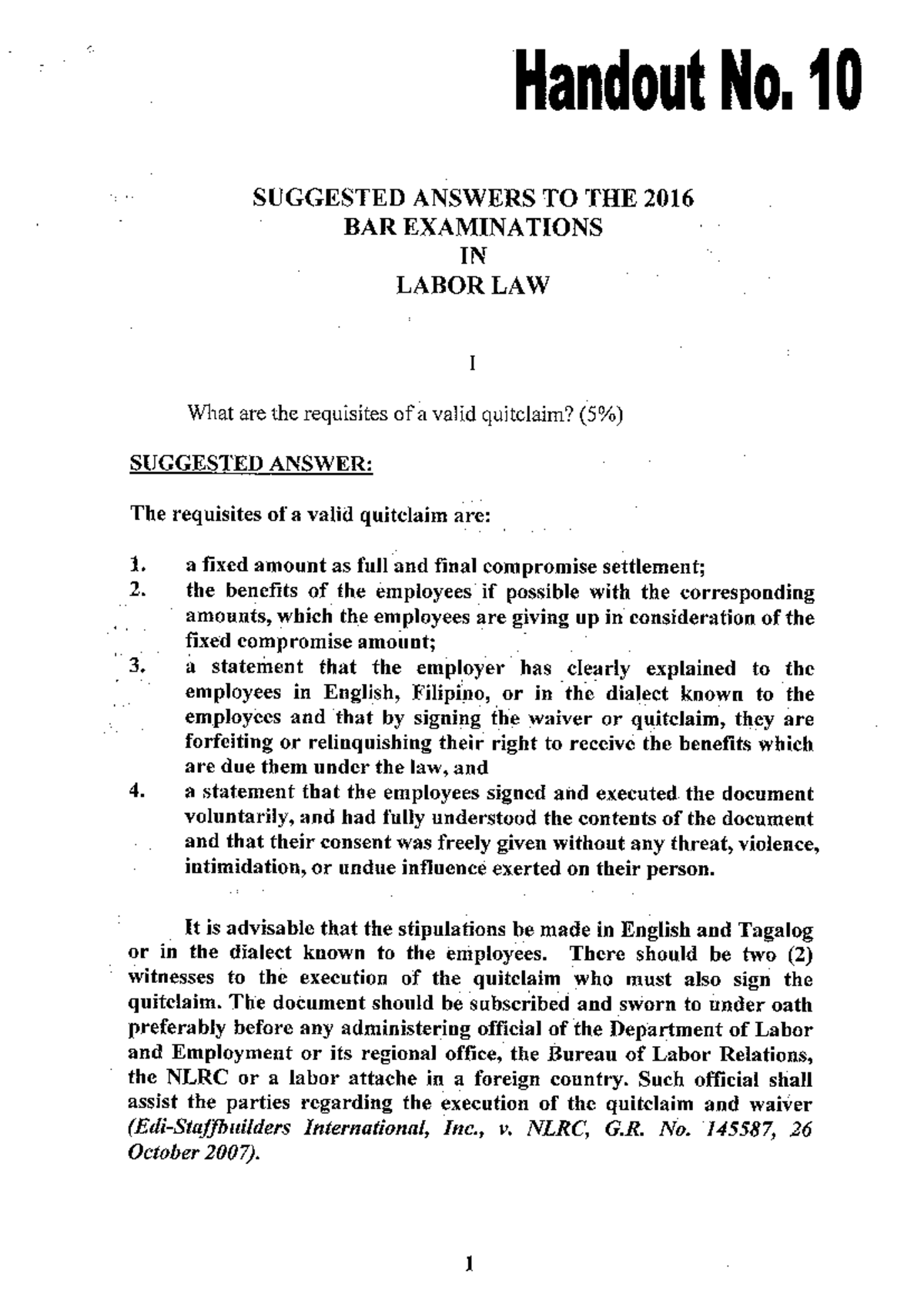 2016 Labor Law Bar QA - Question and Answer Bar Exam 2016 - Studocu