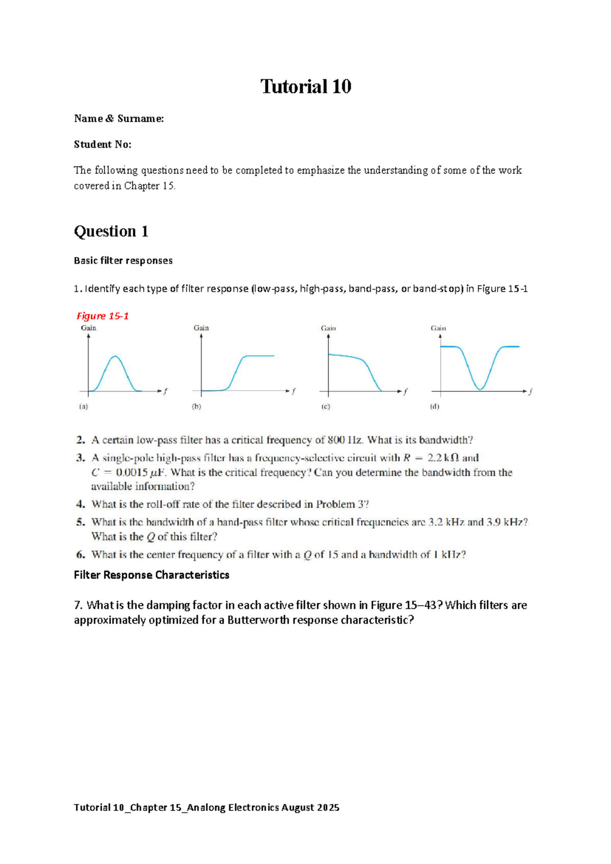 Tutorial 10: Chapter 15 - Active Filters Analysis and Design - Studocu