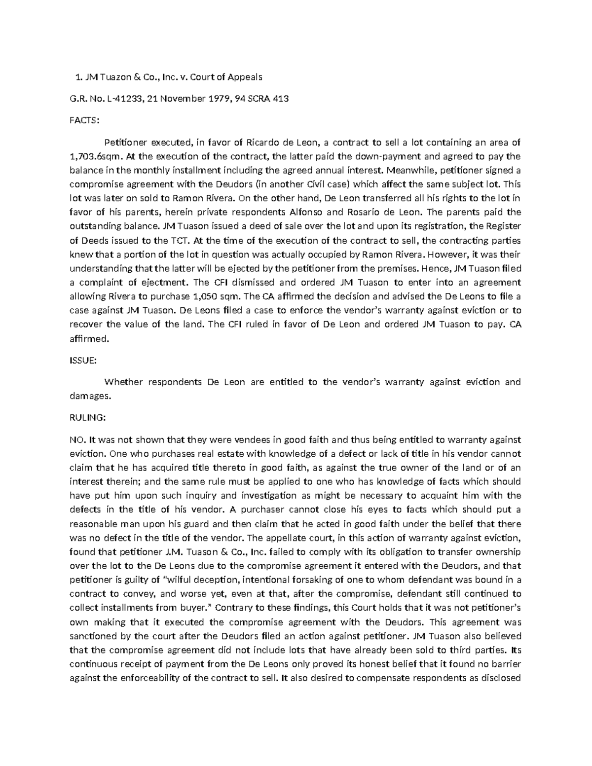 JM Tuazon Co., Inc. v. Court of Appeals: Warranty Against Eviction ...