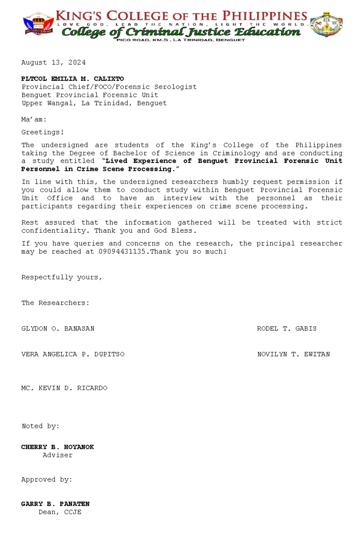 CRIM310 Final Research Permission Letter: Forensic Unit Study - Studocu