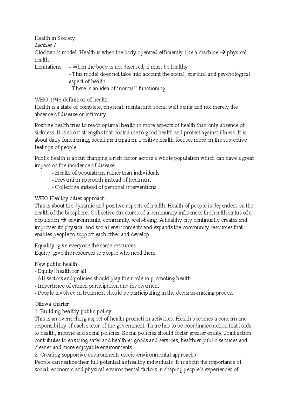 Summary of Health in Society - SOC 101 Lecture Notes - Studeersnel
