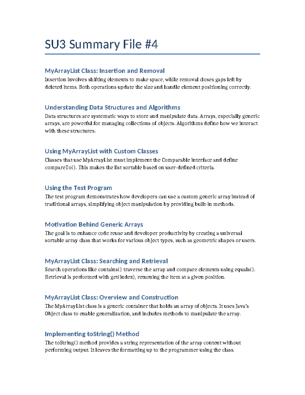 SU3 Generic Arrays Summary: MyArrayList Class Overview and Operations - Studocu