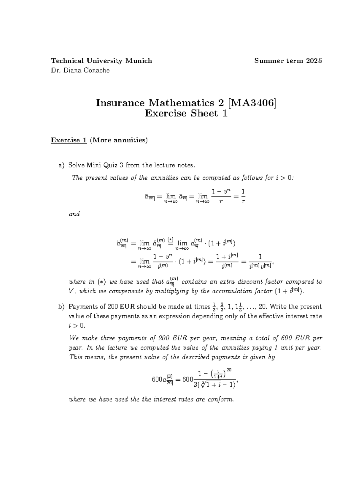 Insurance Mathematics 2 Exercise Sheet 1 Solutions - Summer 2025 - Studocu