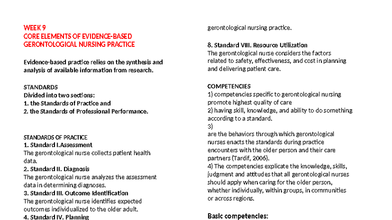 NCM 114 WEEK 9 & 10: Core Elements in Gerontological Nursing Practice ...