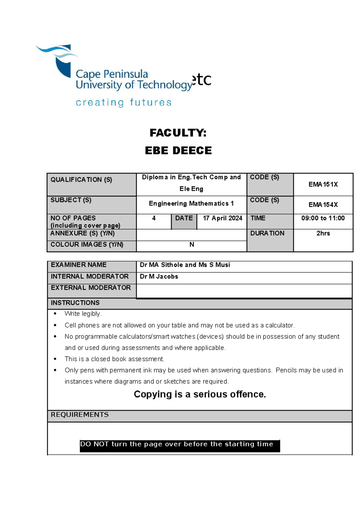 Test 1 EMA 151X April 2024 - Test 1/GA/Project/etc FACULTY: EBE DEECE ...