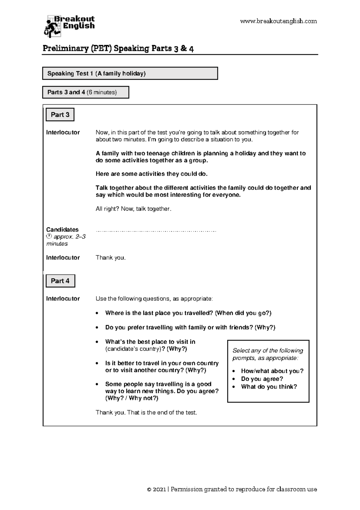 Preliminary PET Speaking Parts 3 & 4: Family Holiday Discussion - Studocu