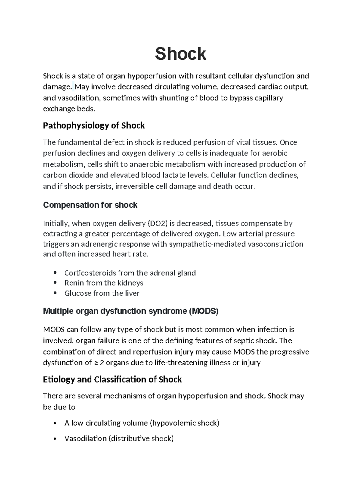 Shock: Pathophysiology, Types, and Management Strategies - Studocu