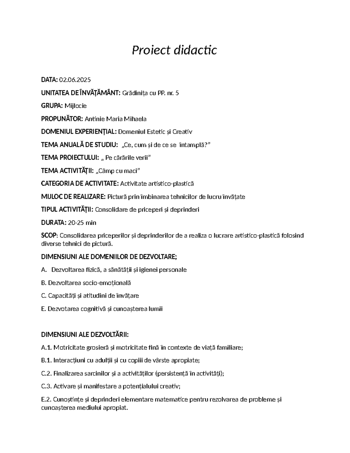 Proiect Didactic DEC - Activitate de Pictură la Grădinița PP. nr. 5 ...