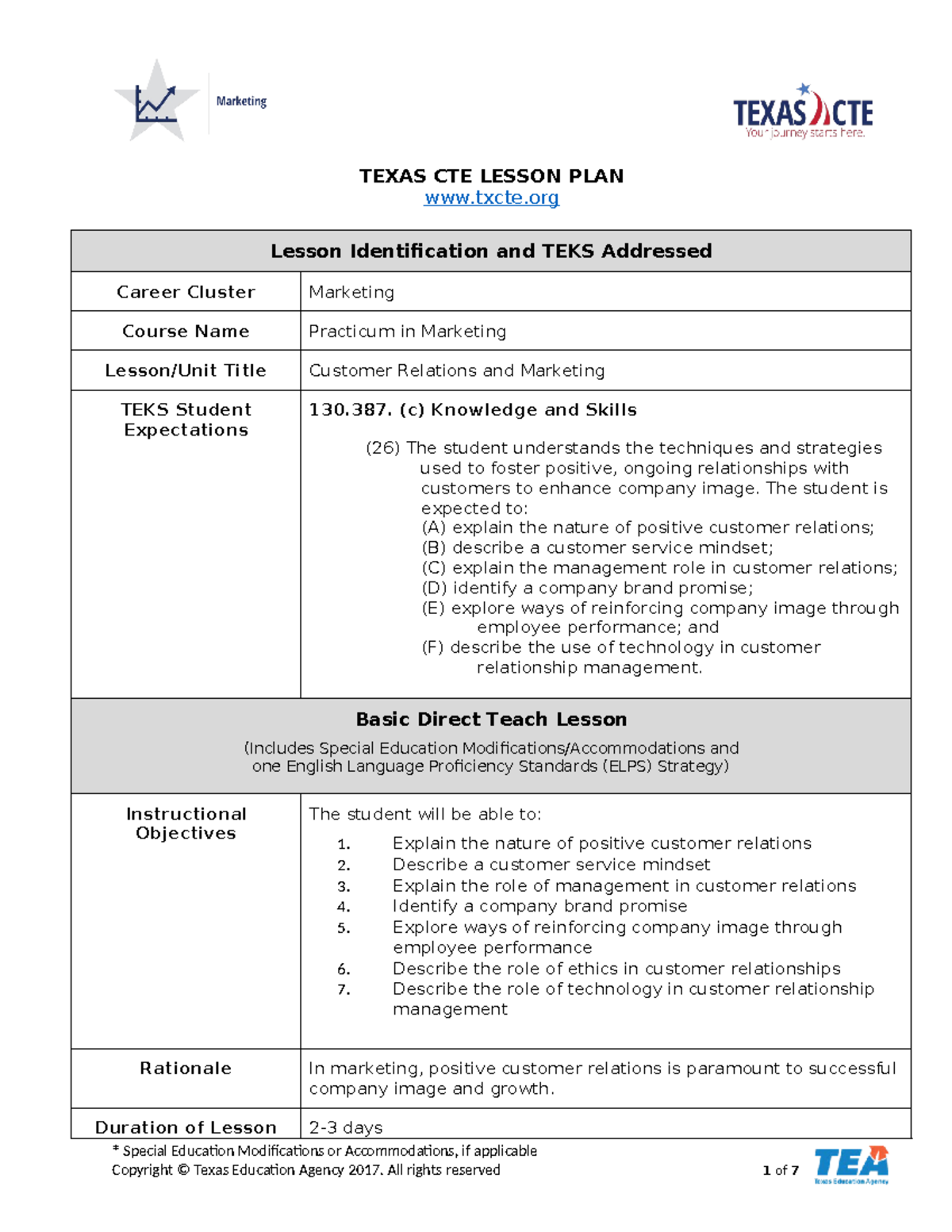 Customer Relations & Marketing Lesson Plan (Practicum in Marketing ...