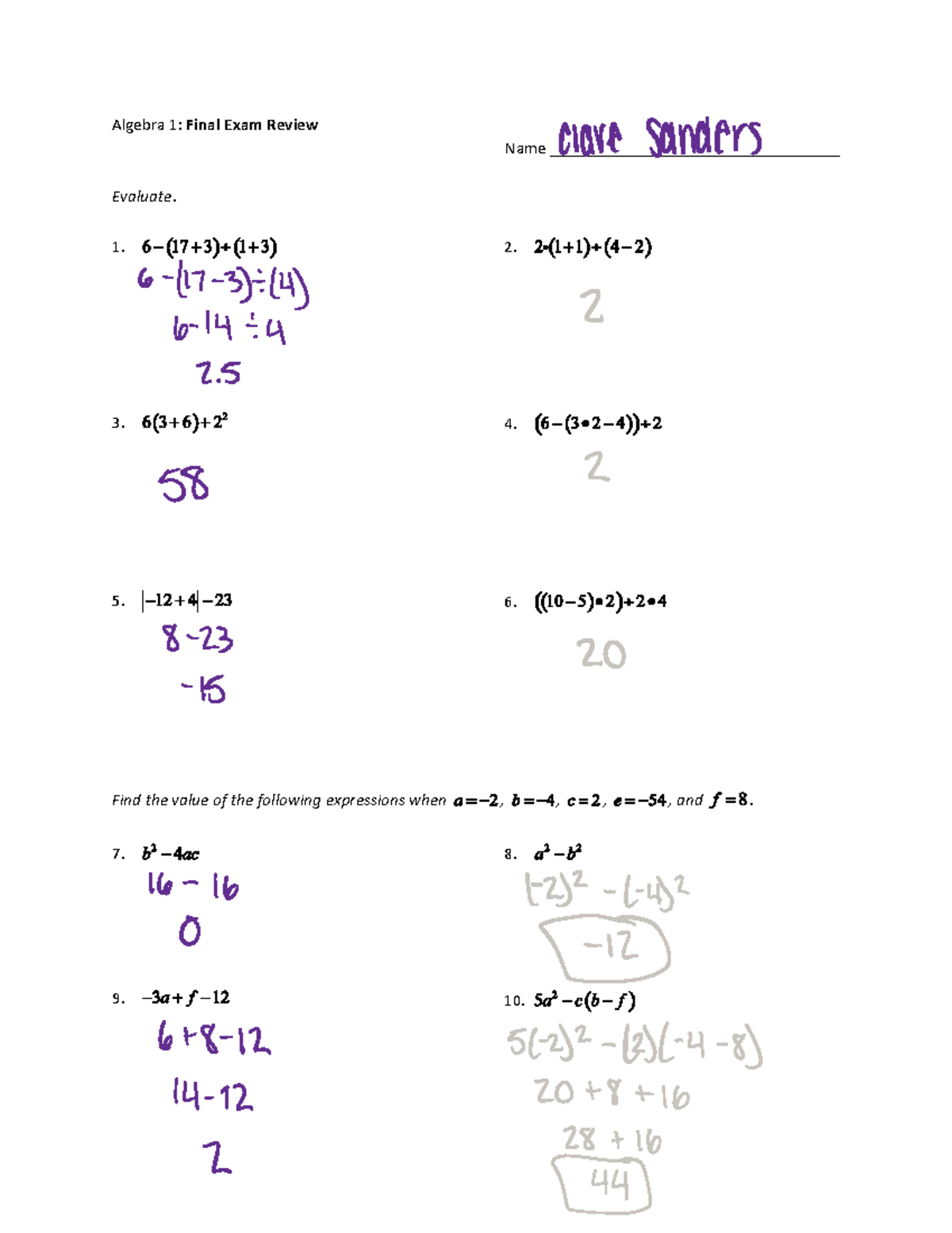 Algebra 1: Final Exam Review (6.3.4) - Key Concepts & Solutions - Studocu