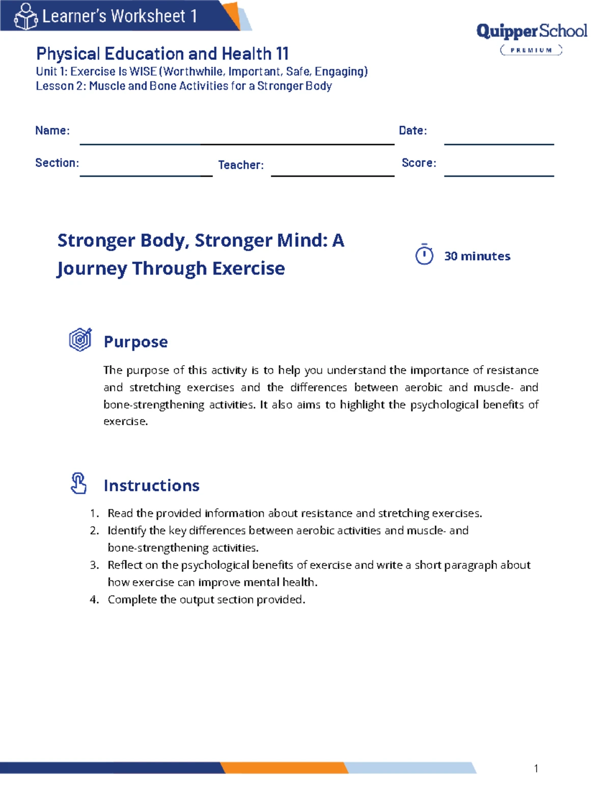 PEH 11 Unit 1: Exercise Is WISE - Lesson 2: Muscle & Bone Activities ...