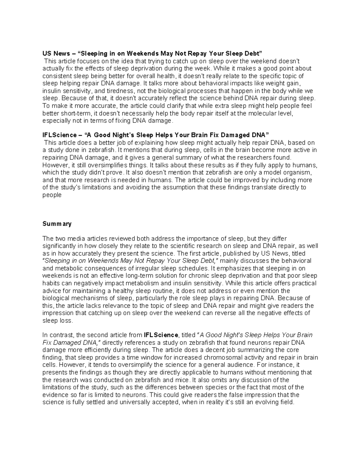 SBI4U Final Project: Analyzing Sleep's Role in DNA Repair - Studocu