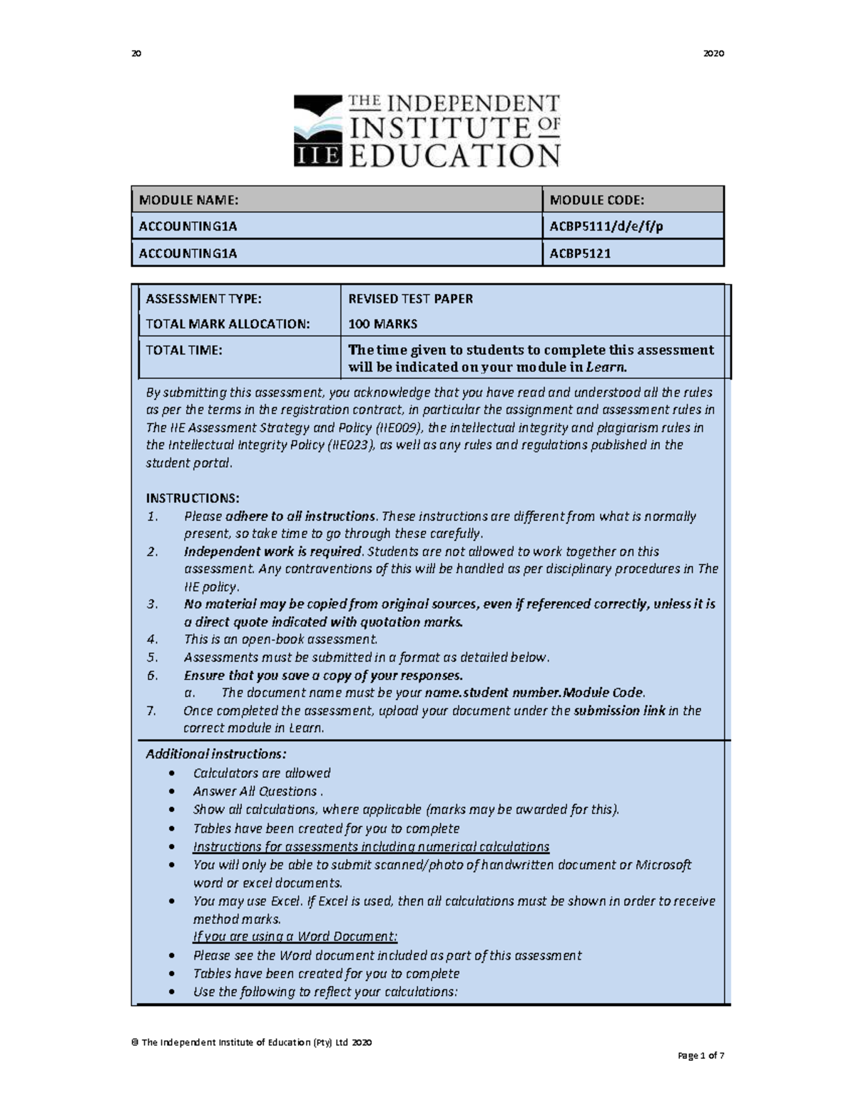 Take-Home Test 2: ACBP5121 Accounting1A Revised Assessment - Studocu