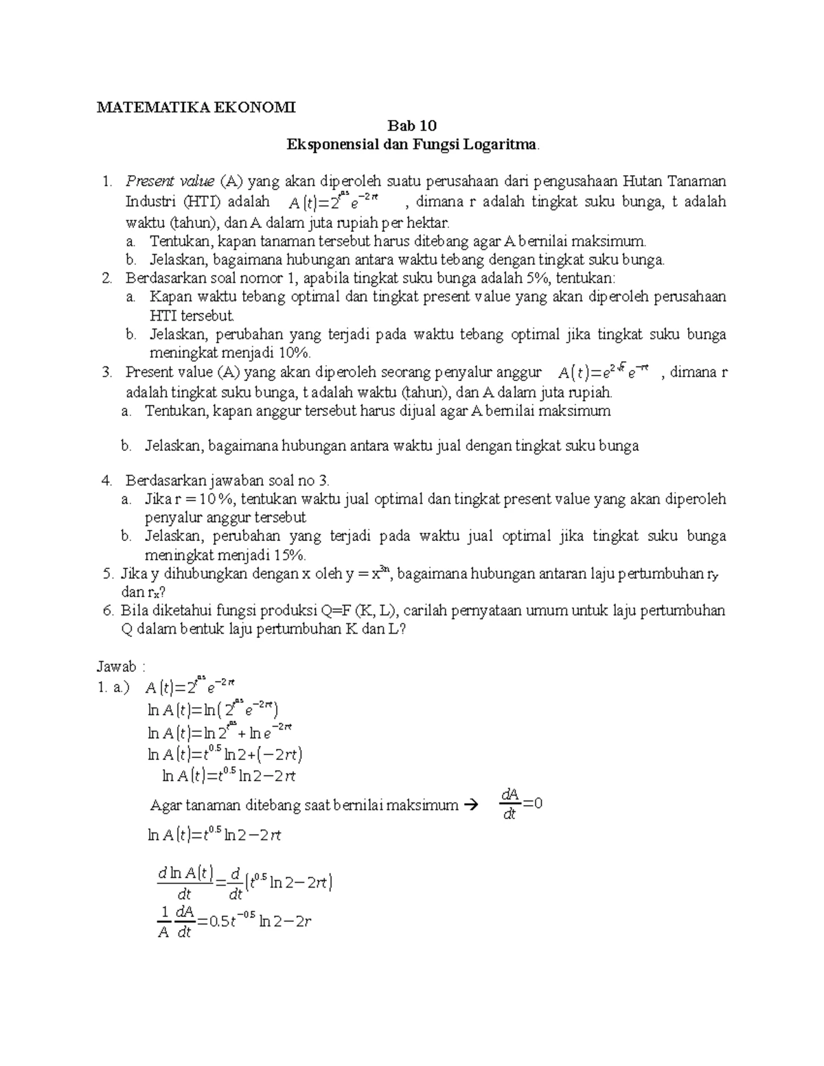 SOAL Matematika Ekonomi - MATEMATIKA EKONOMI Bab 10 Eksponensial dan Fungsi Logaritma. Present ...