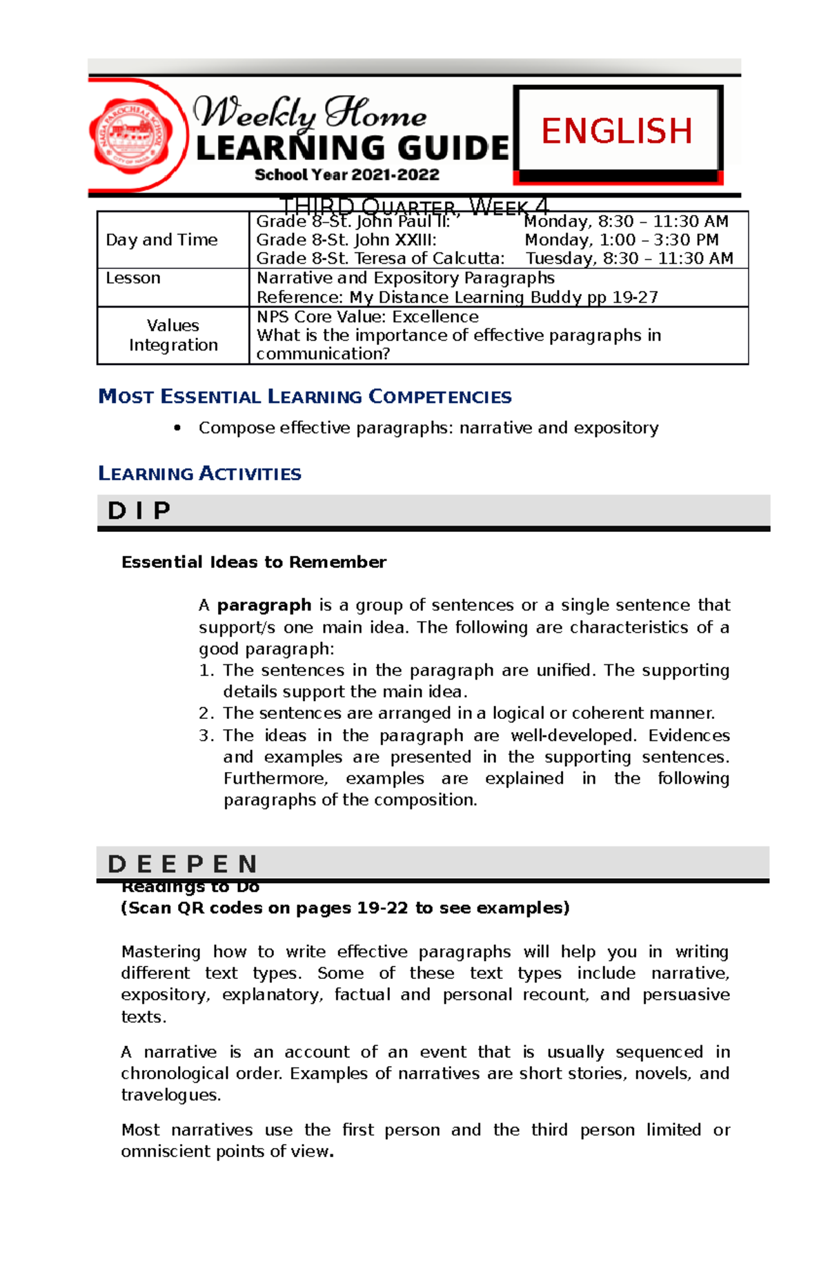 G8 Module 3 - Day and Time Grade 8–St. John Paul II: Monday, 8:30 – 11: ...