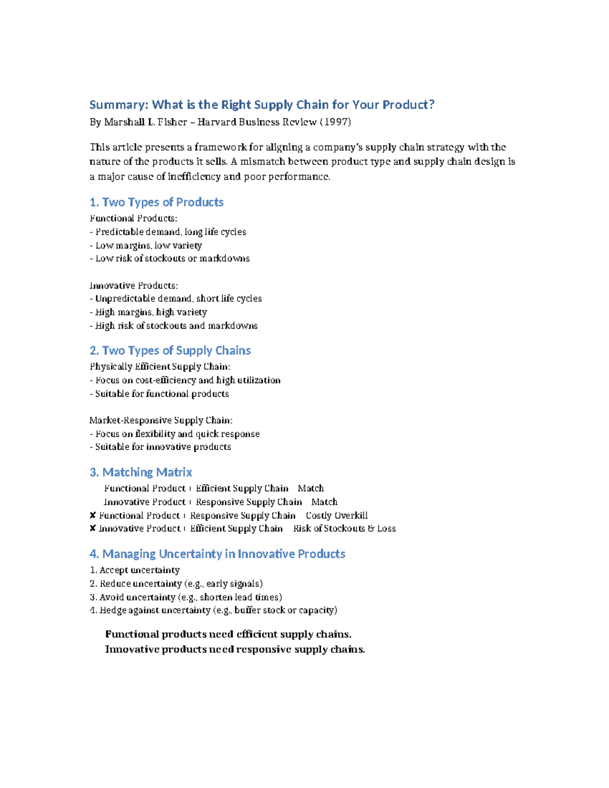 Fisher HBR Supply Chain Summary: Aligning Strategy with Products - Studocu