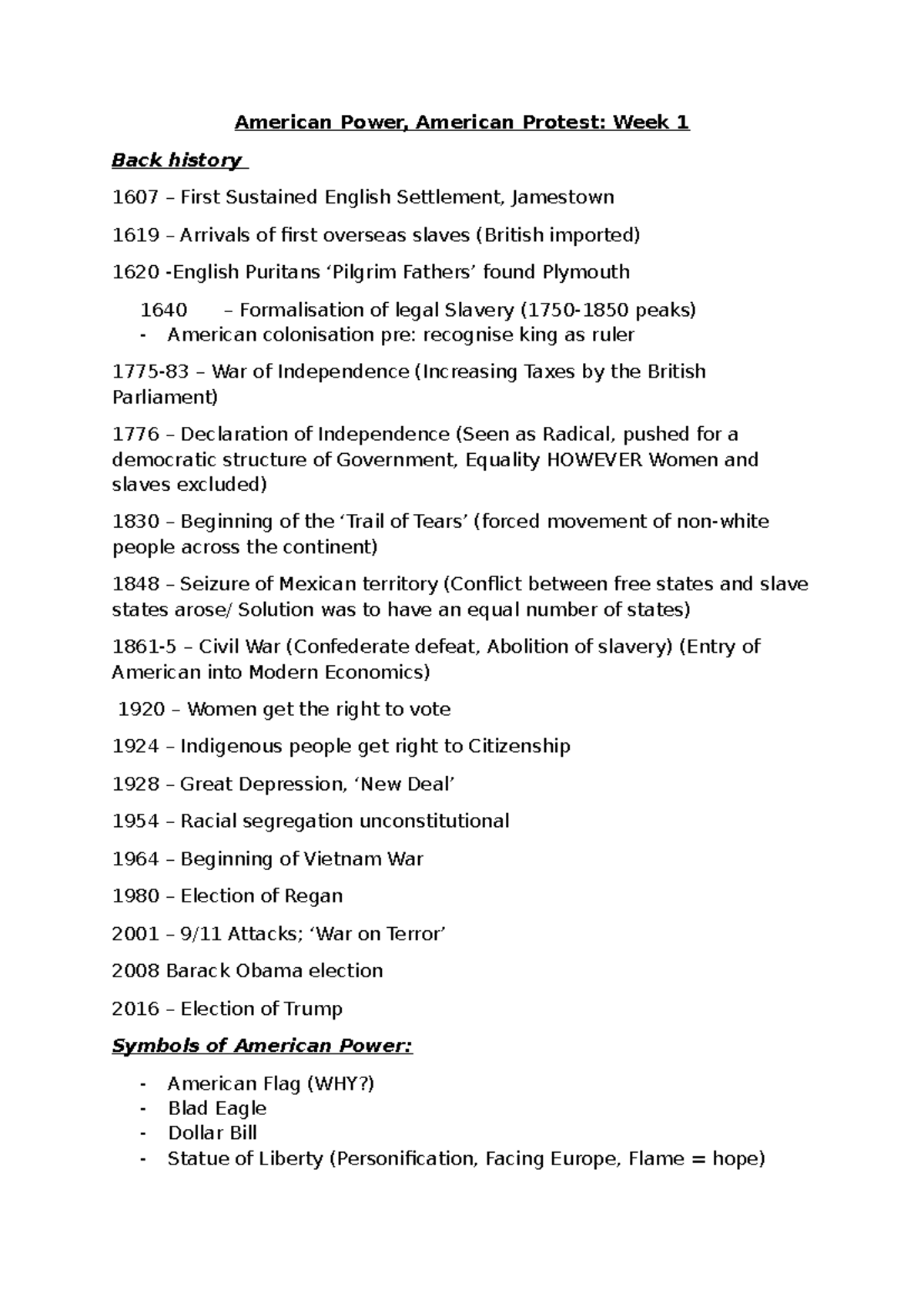 LEC1 - American Power and Protest: Week 1 Overview - Studocu
