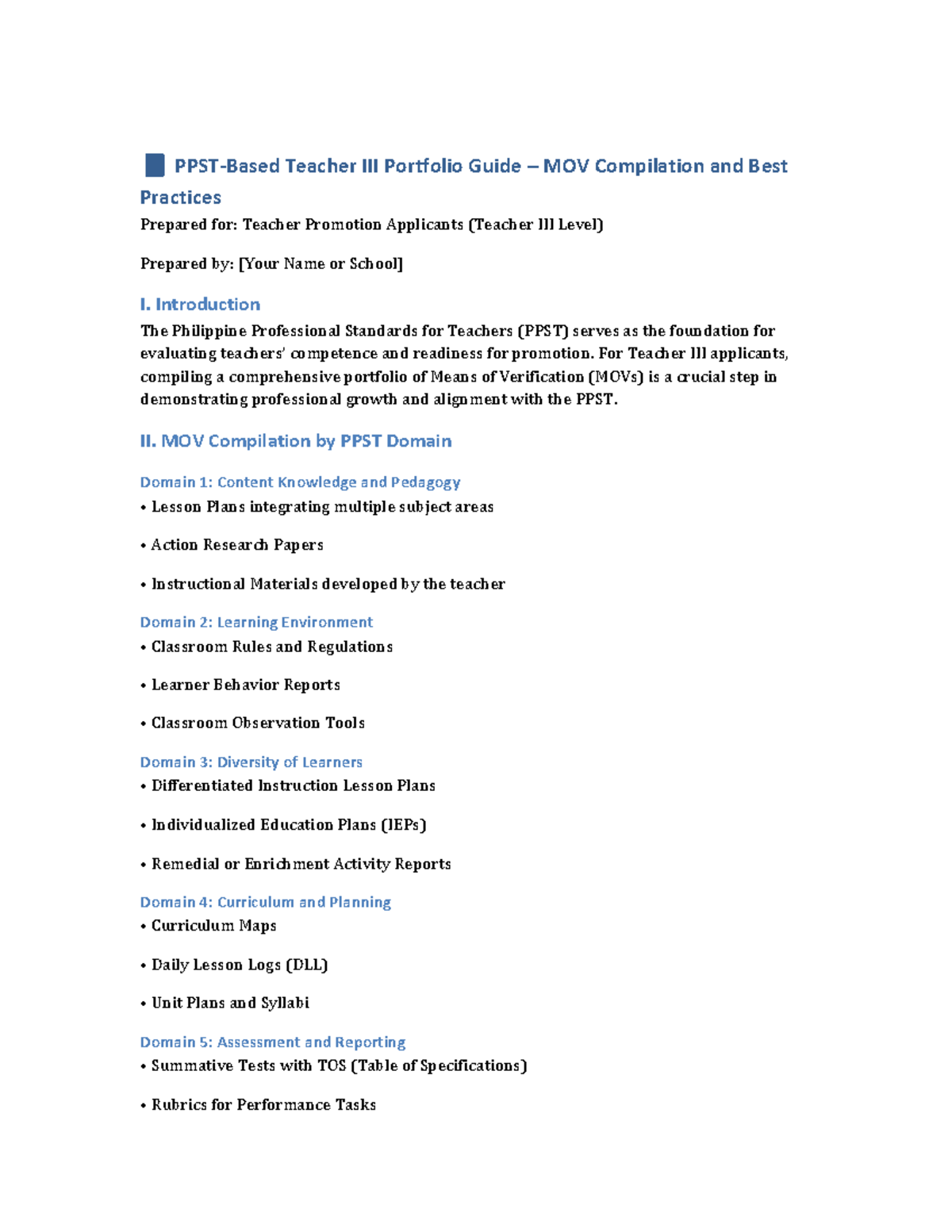 PPST Portfolio Guide for Teacher III Promotion Applicants - Studocu