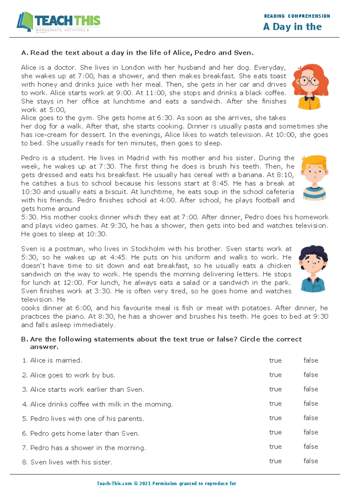 READING COMPREHENSION: A Day in the Life Worksheets & Activities - Studocu