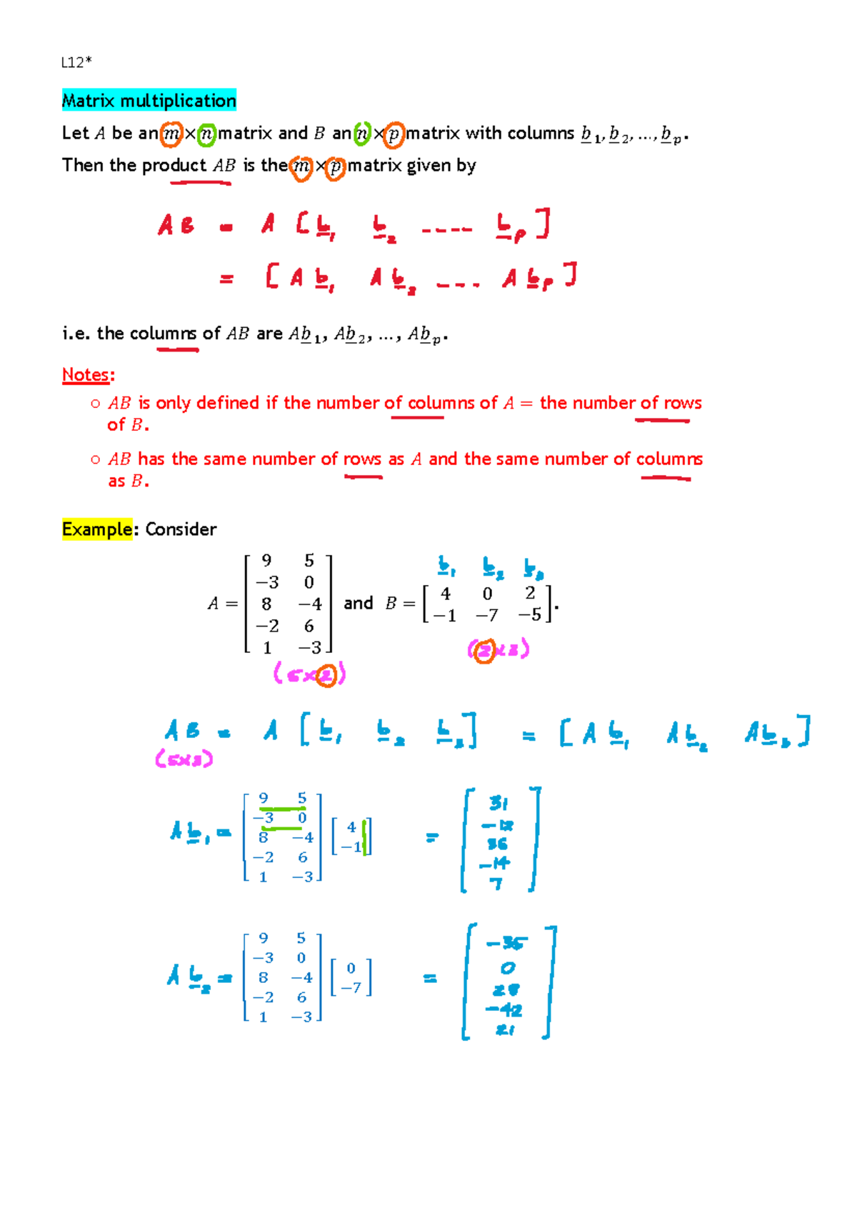 L12 - Linear Algebra: Matrix Multiplication Notes and Examples - Studocu