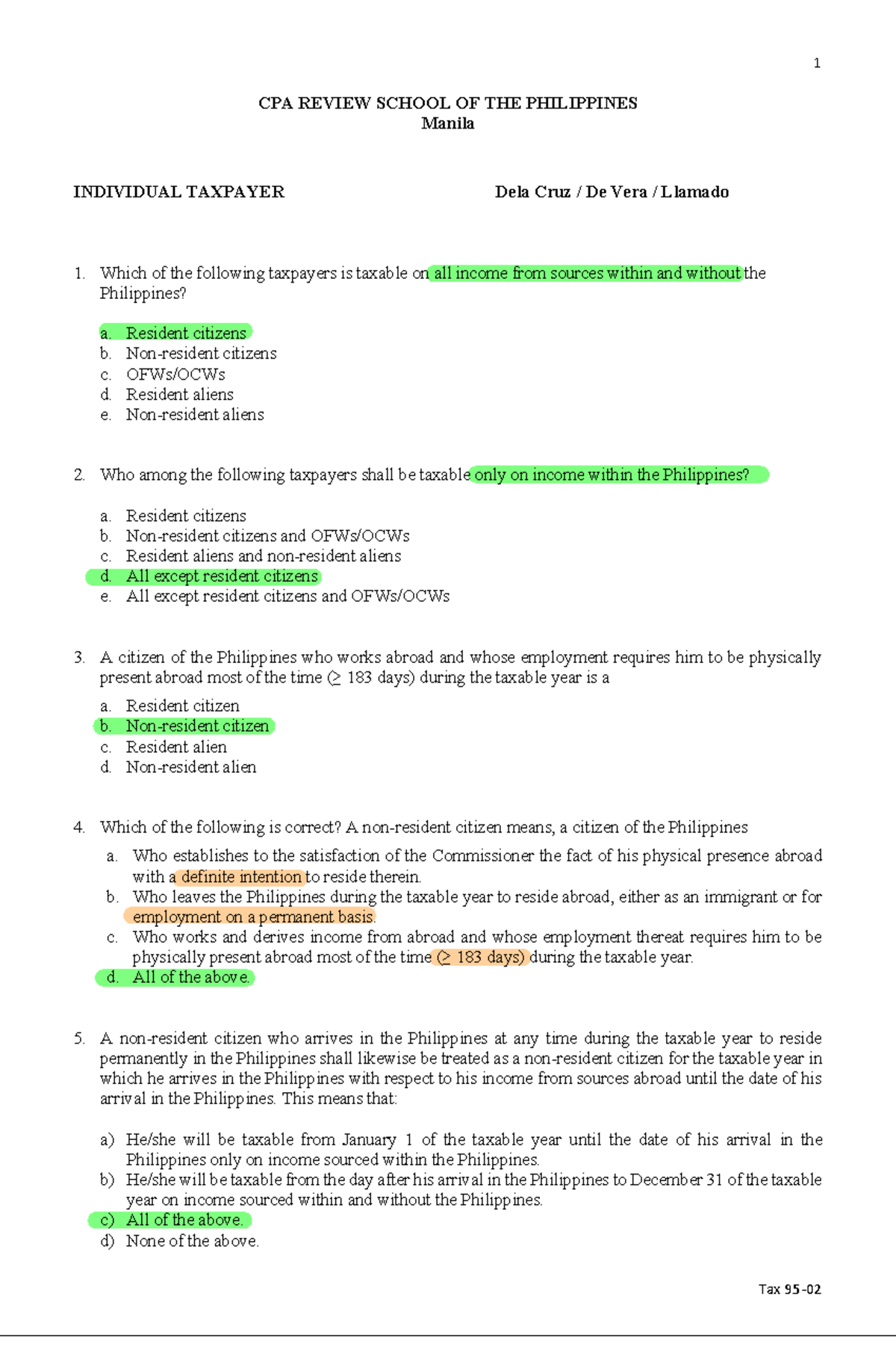 95-02 Individual Tax Review: Key Concepts and Taxpayer Classifications ...