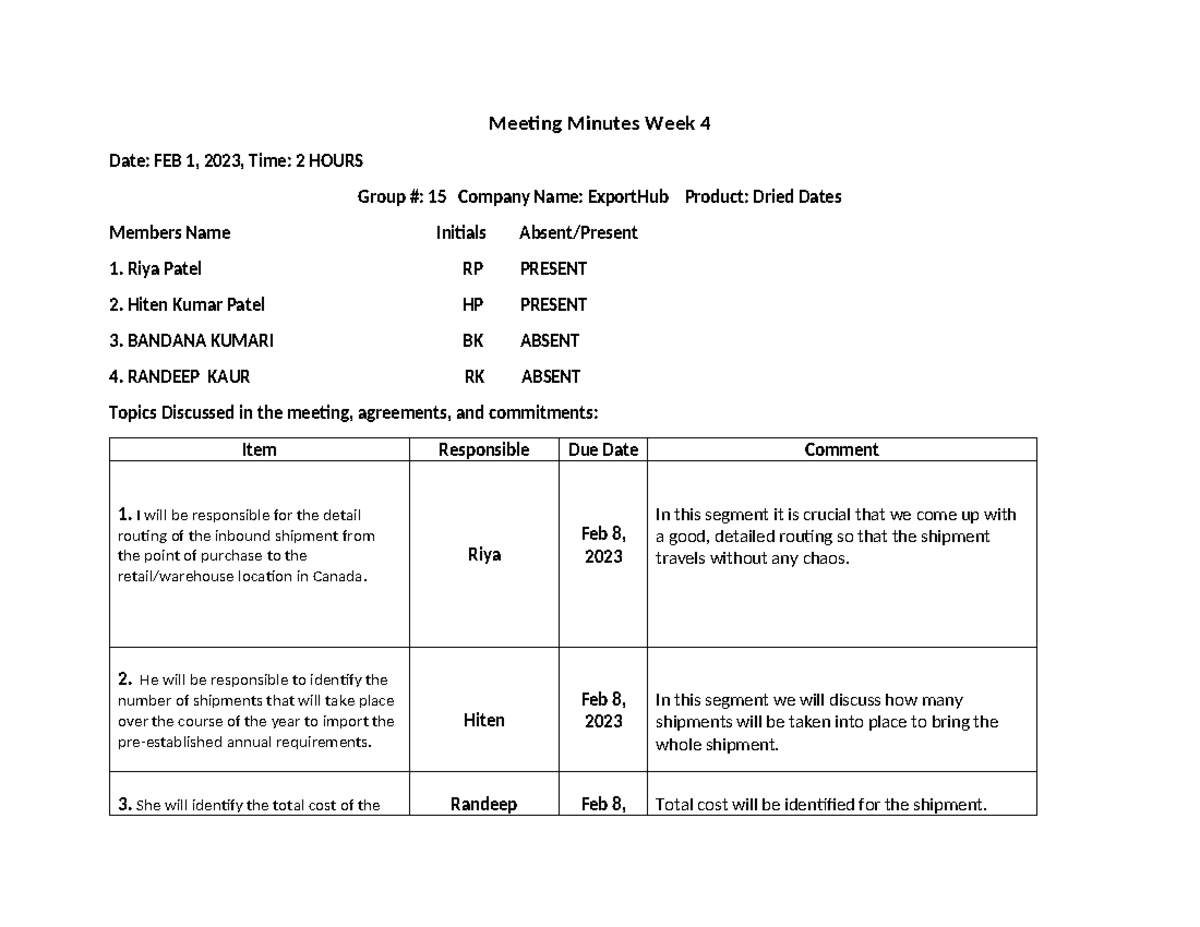 Meeting Minutes Week 4 - FINAL PROJECT - Meeting Minutes Week 4 Date ...