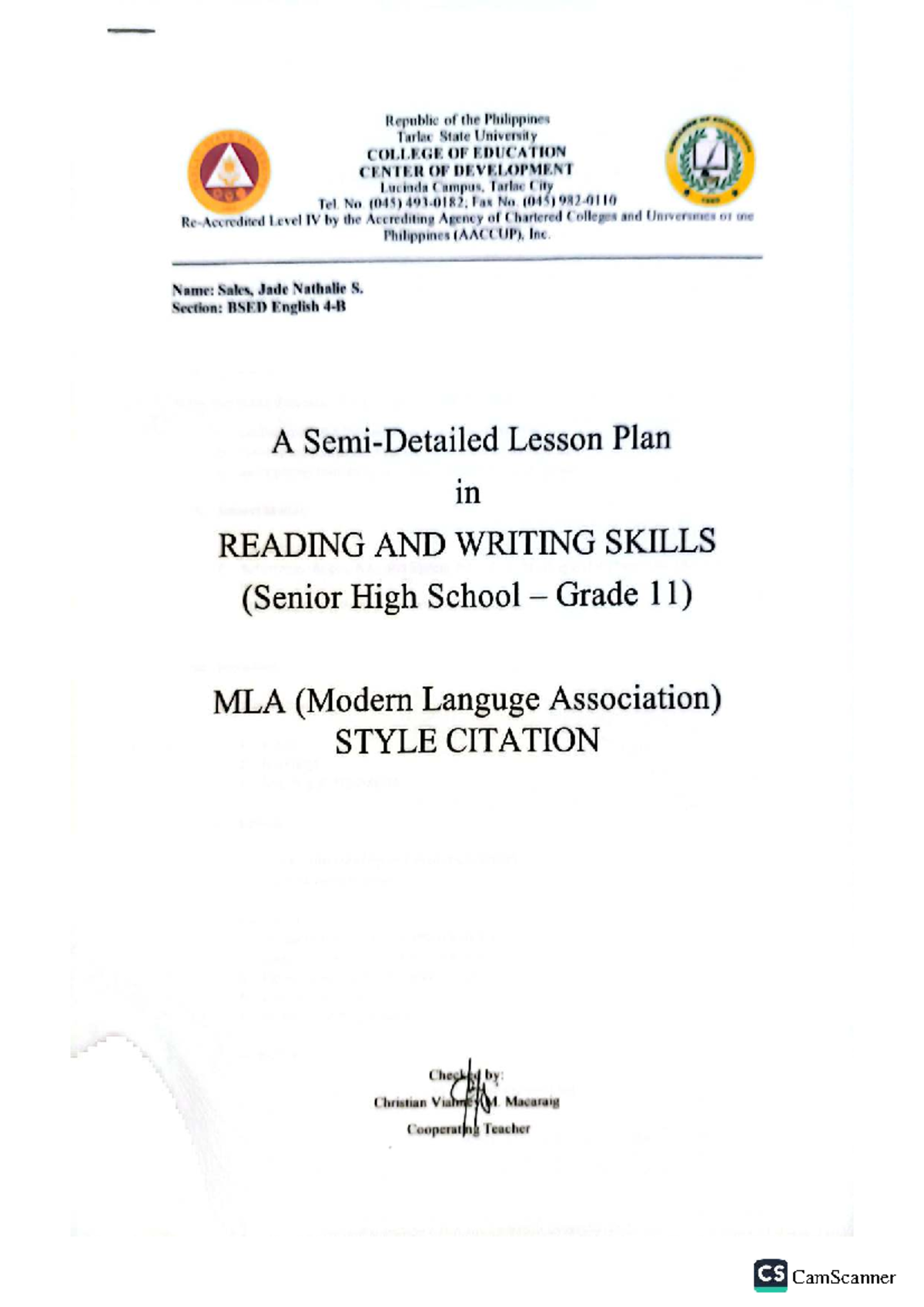 BSED English Lesson Plan: MLA Citation Skills for Grade 11 - Studocu