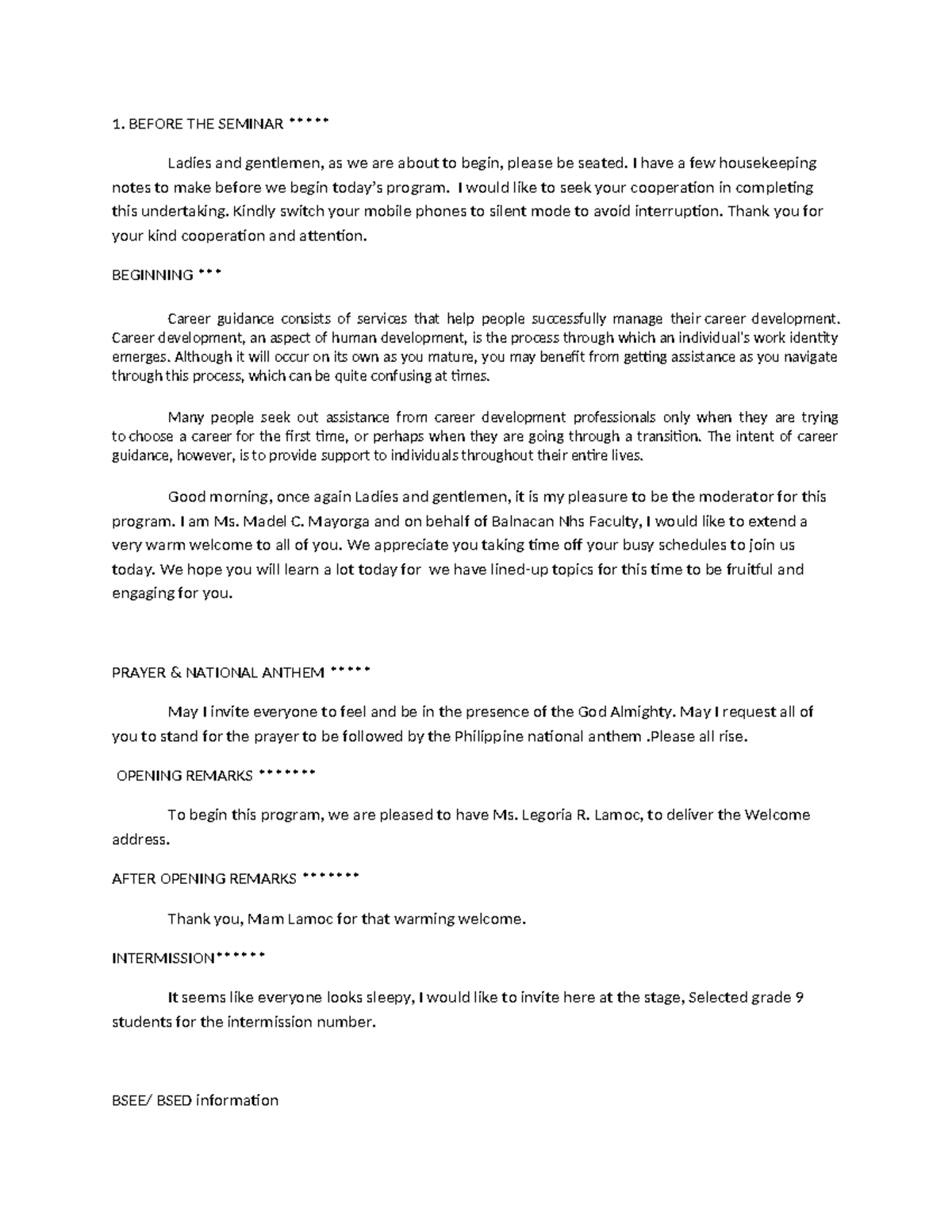 Script for Emcee: Career Guidance Program (BSEE/BSED) - Studocu