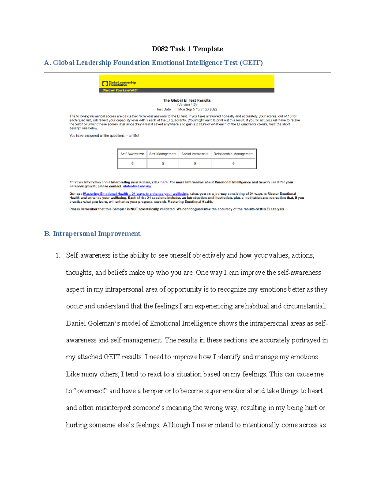 D082 Task 1 Passed 1st Submit - D082 Task 1 Template A. Global Leadership Foundation Emotional ...
