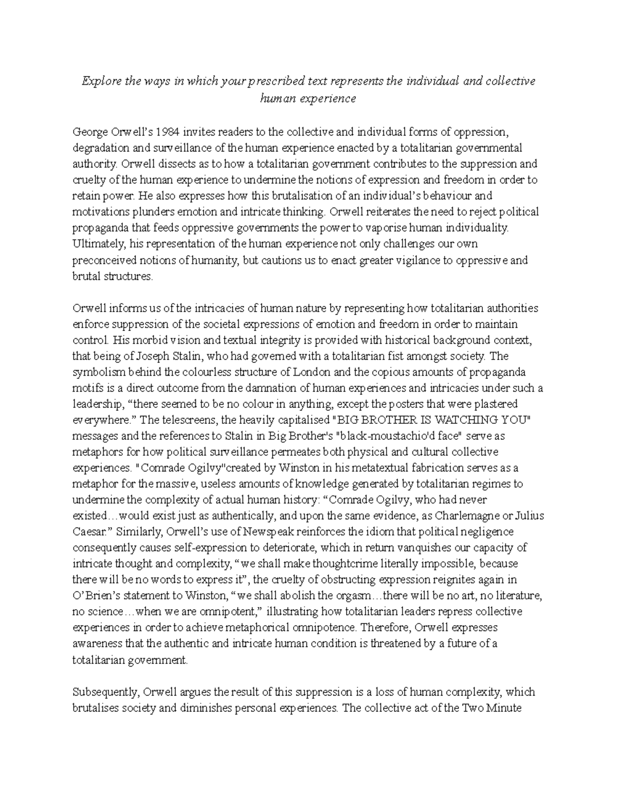 ENG 101 Final Essay: Human Experiences in George Orwell's 1984 - Studocu