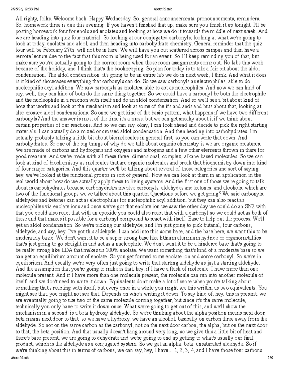 Organic Chemistry Lecture: Aldol Condensation and Carbohydrates - Studocu