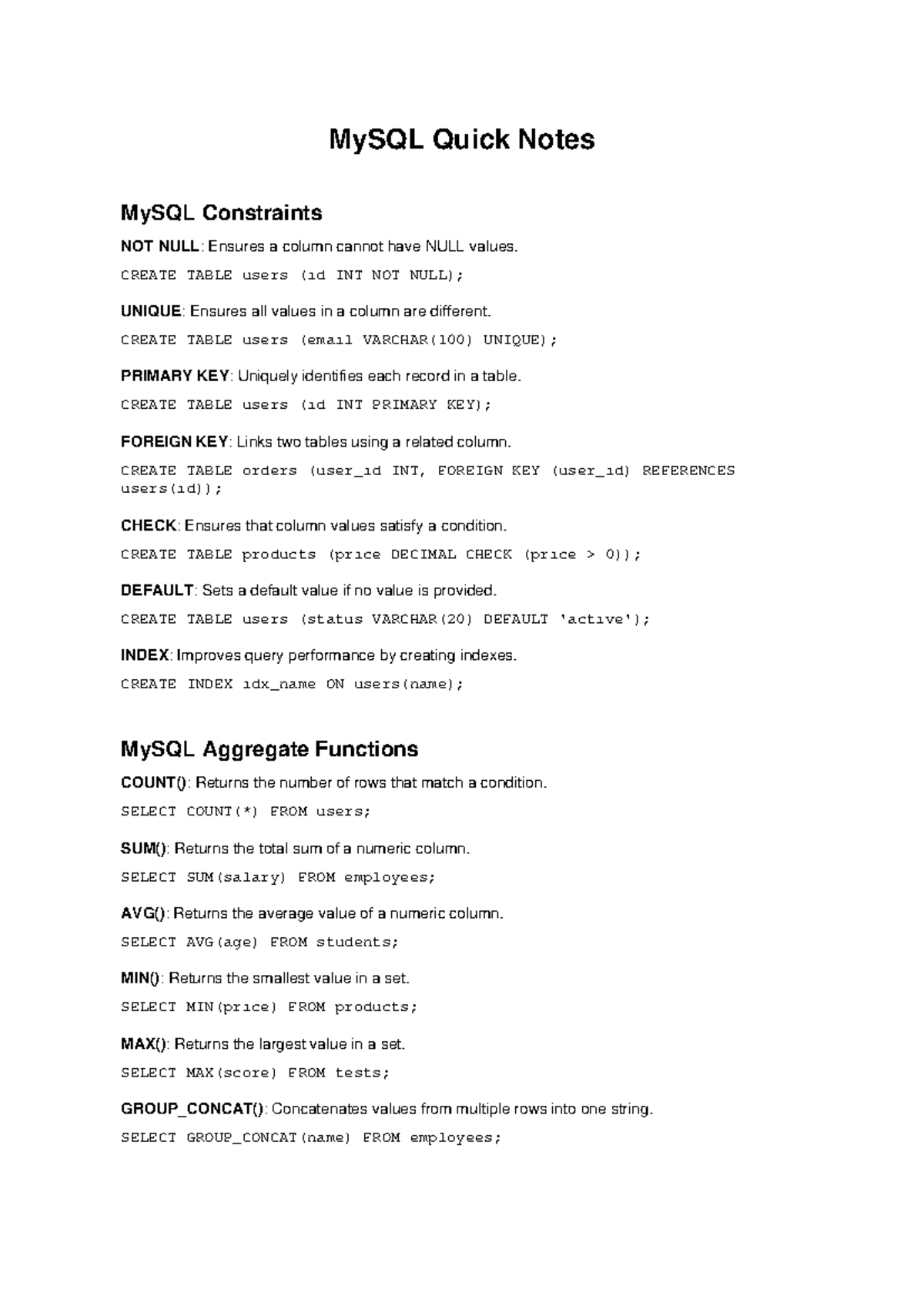 MySQL Quick Notes: Understanding Constraints and Aggregate Functions ...