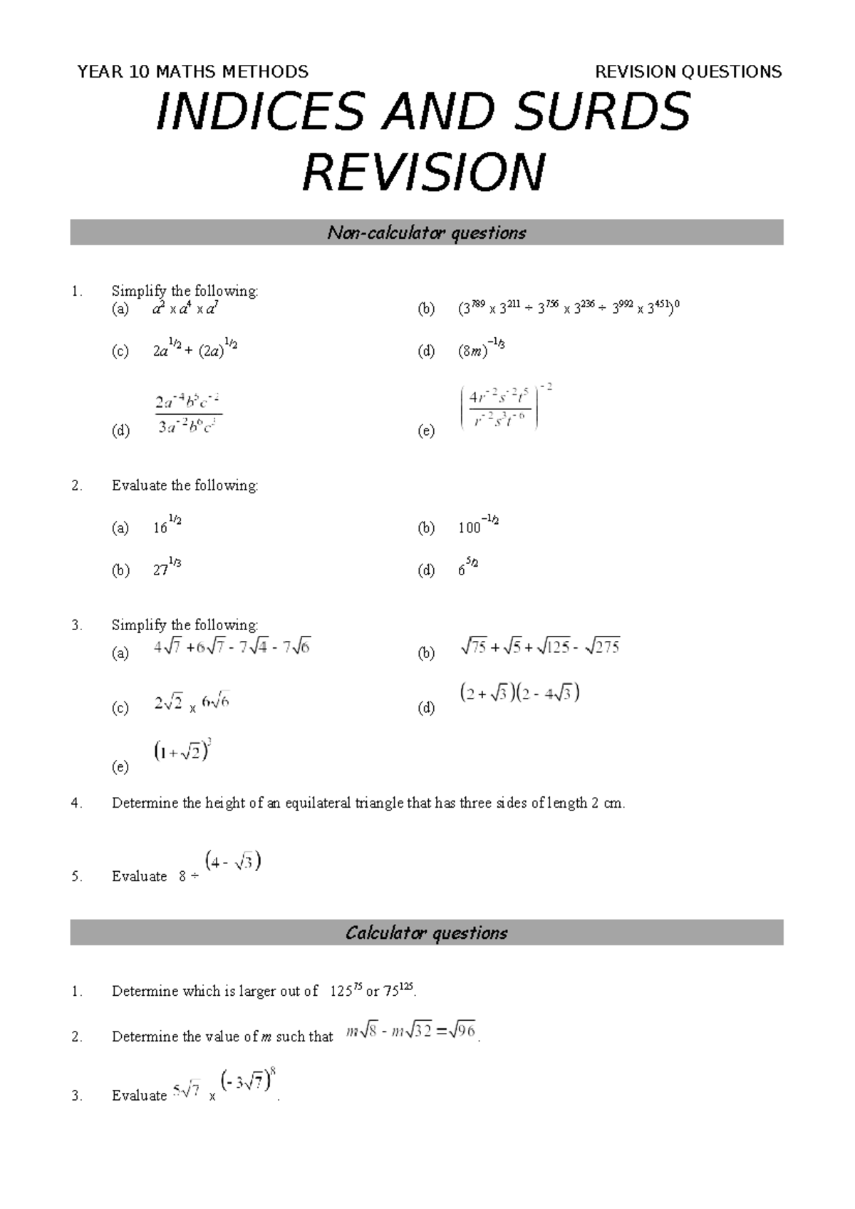 YEAR 10 MATHS METHODS REVISION: INDICES & SURDS QUESTIONS - Studocu