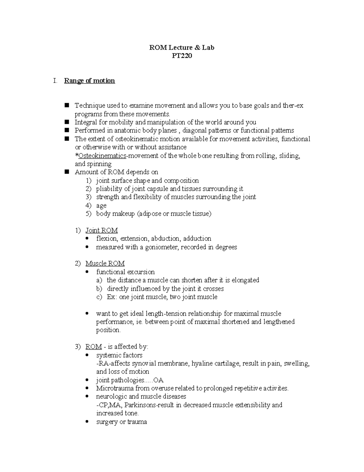 ROM Lecture and Lab PT220: Techniques and Benefits of Range of Motion ...