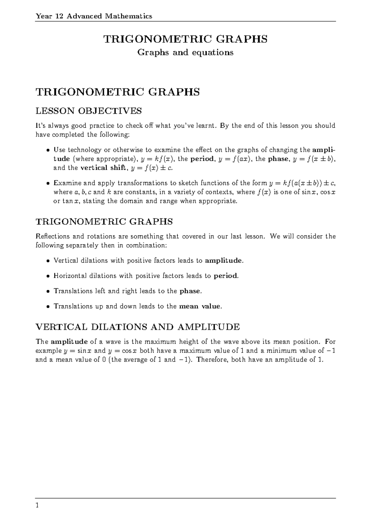 Year 12 Advanced Mathematics: Trigonometric Graphs Lesson Notes - Studocu
