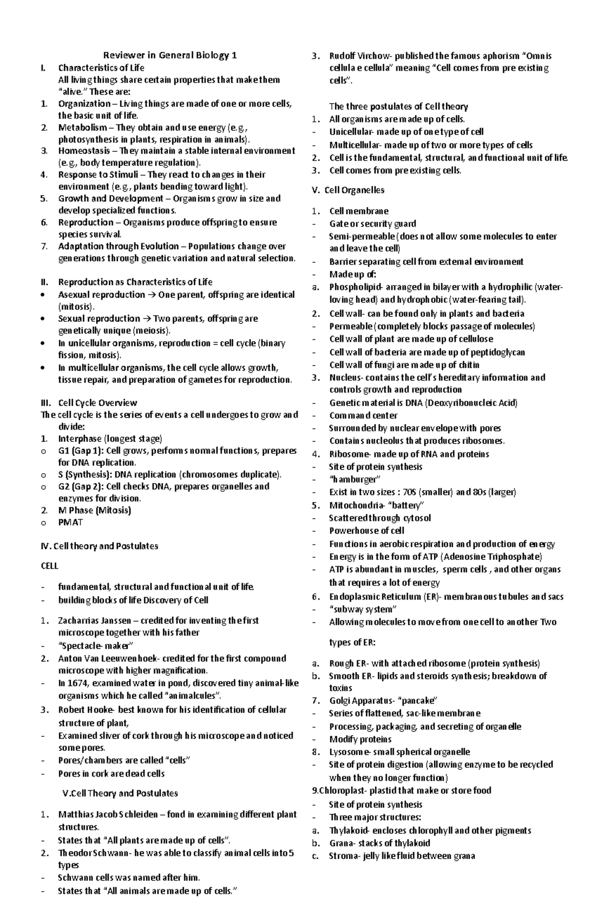 BIO 1 Reviewer: Characteristics of Life and Cell Theory - Studocu