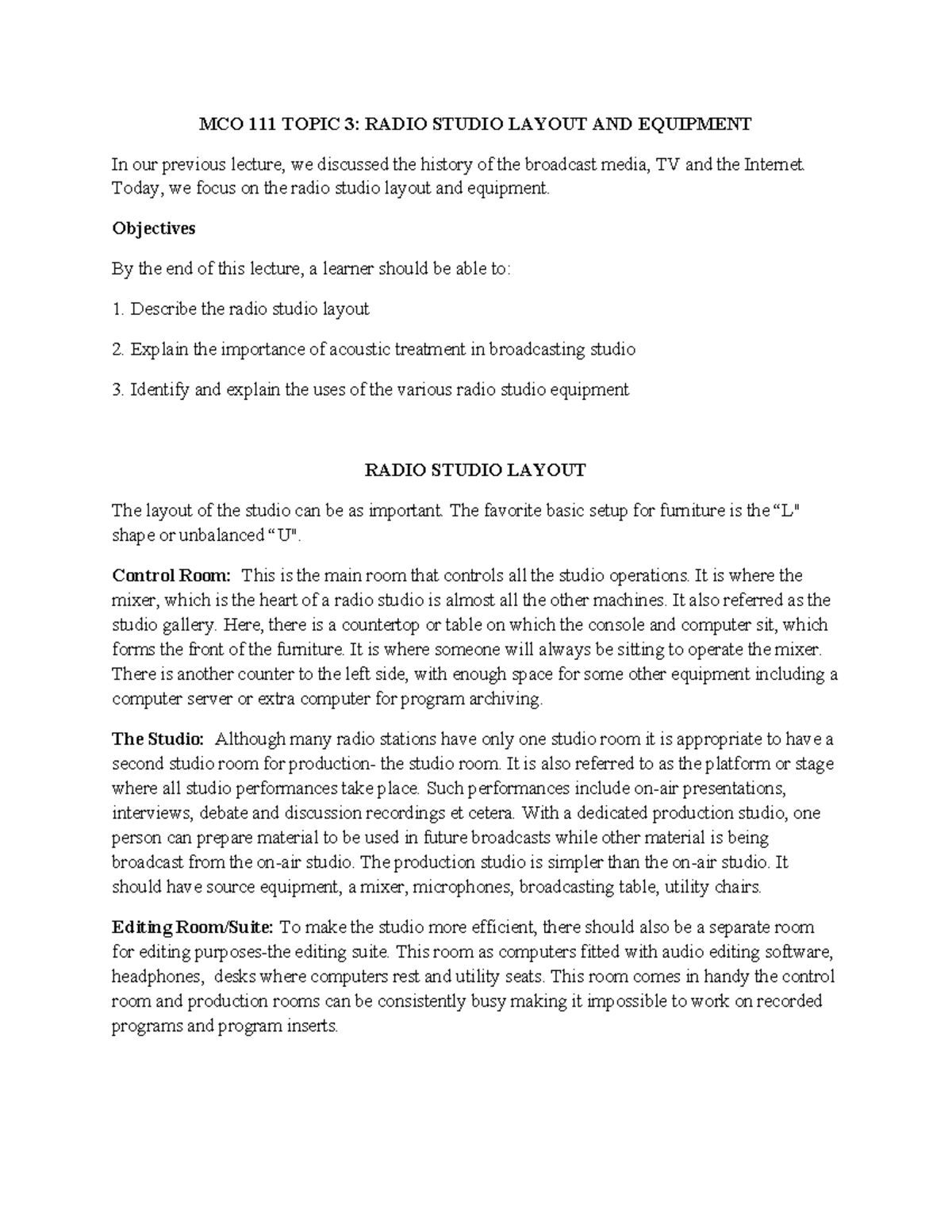 MCO 111 Topic 3: Overview of Radio Studio Layout & Equipment - Studocu